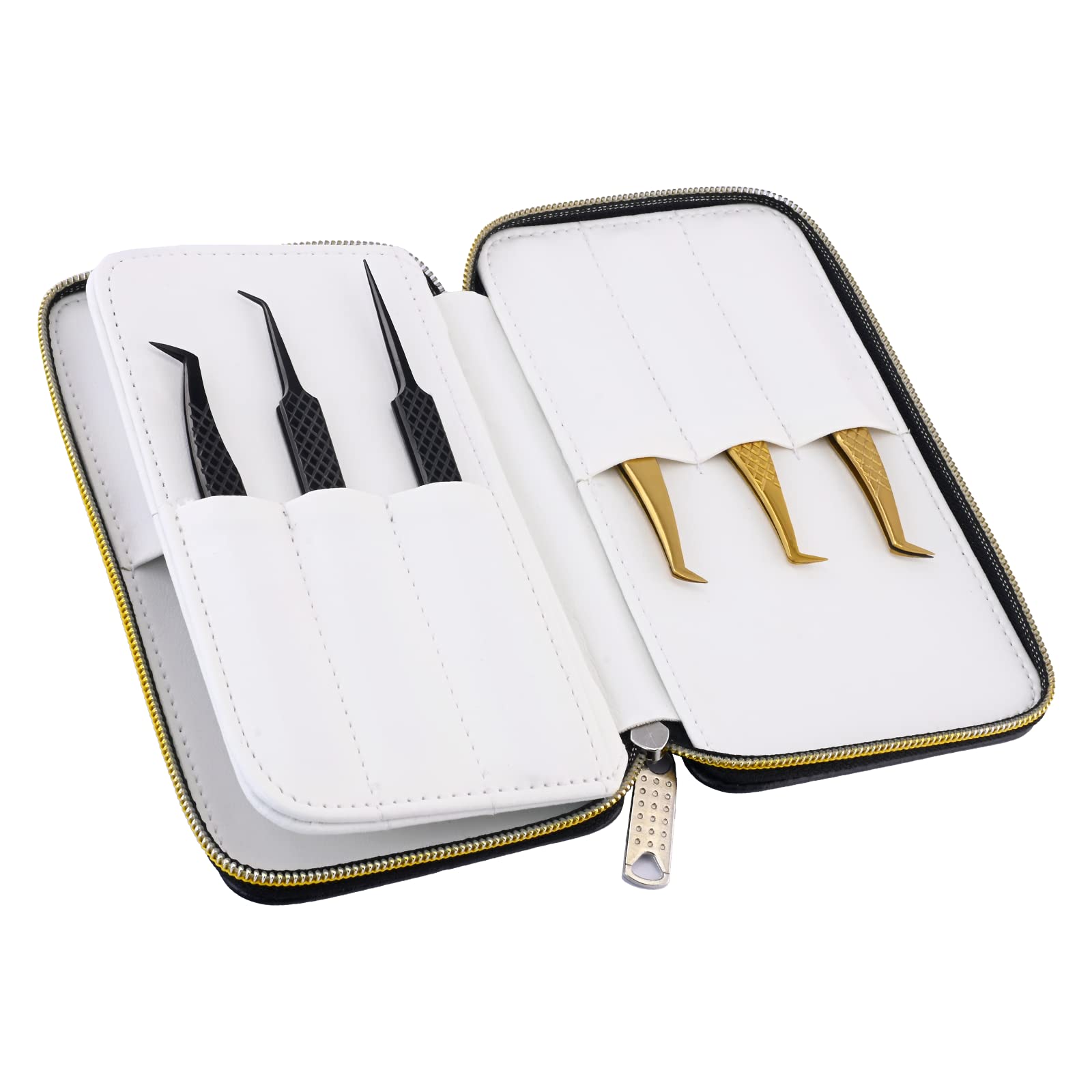 My Hair Tools PU Leather Empty 12pcs Eyelash Extension Tweezer Carry Case Portable Double Layers Travel Storage Bag Tweezers Lash Organize – Keep Your Beloved Safe & Secure (Gold Zip)