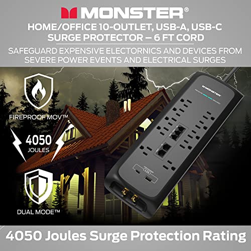 Monster Black Heavy Duty Surge Protector Power Strip 6 ft Cord with 10 120V-Outlet Extension, 2 Ethernet Switch Ports, 4050J Rating, 1 USB-A, and 1 USB-C Charging Ports β Ideal for Computers & Offices