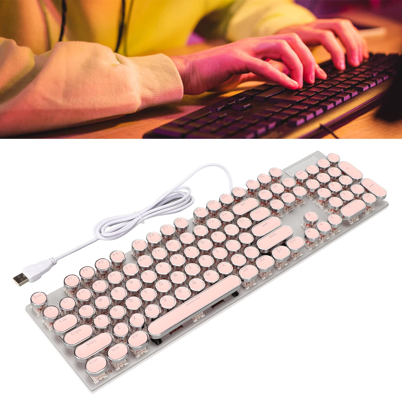 Pomya 104 Keys Mechanical Keyboard, Typewriter Style Red Switch Mechanical Gaming Keyboard, Retro Round Keycaps PC Keyboard with RGB Backlight for Win, for OS X(Pink)
