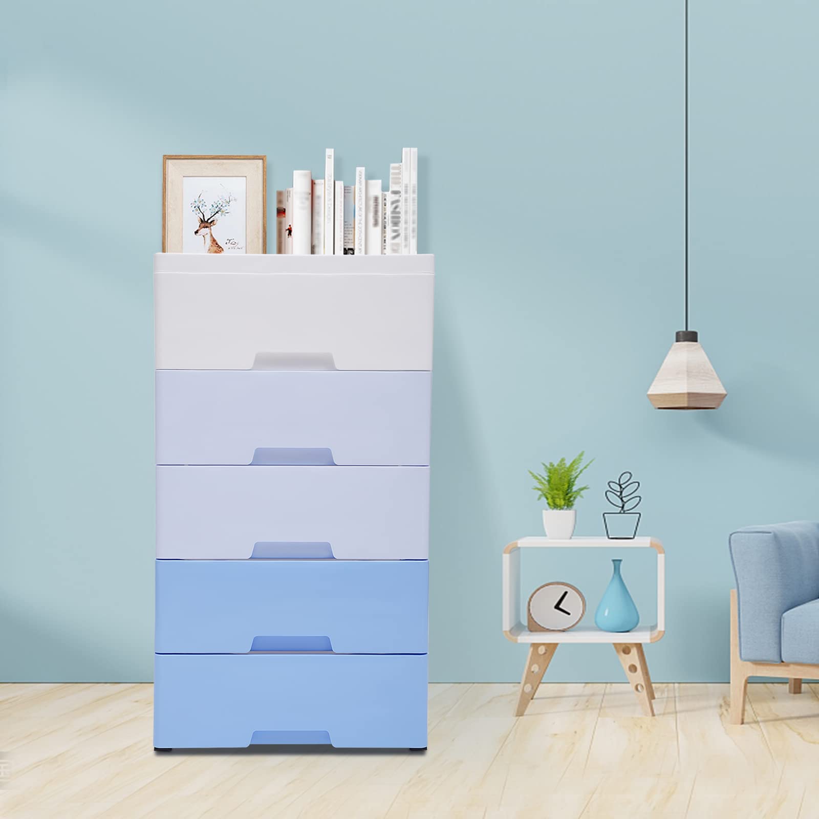 Plastic Drawers Dresser,5 Tier Storage Tower with 5 Drawer and Wheels,Storage Organizer Rack, Movable Storage Tall Small Cabinet Closet for Bed, Closet, Sofa, And Cabinet (Gradient Blue)