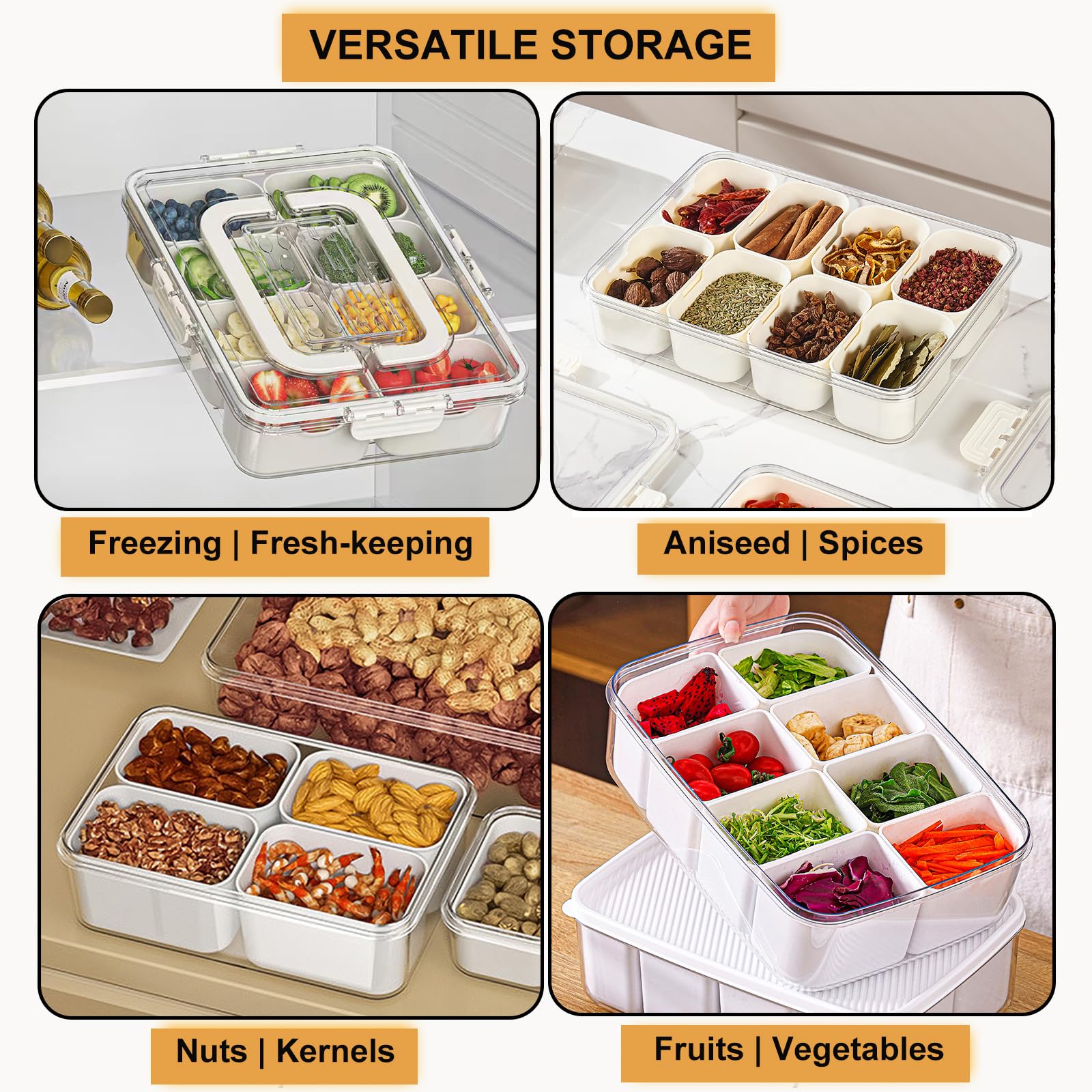 Snackle Box Container, Portable Divided Serving Tray With Lid And Handle, Snack Box Container for Candy, Fruits, Nuts, Snacks, Perfect for Picnic, Party, Home and Travel (4 Compartments)