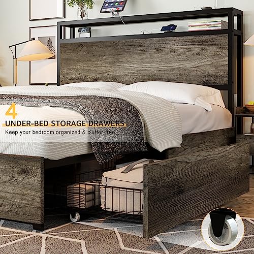 LUXOAK King Size Bed Frame with 4 Storage Drawers, Wooden Platform Bed with 2-Tier Storage Headboard and Charging Station, No Box Spring Needed/Noise Free/Rustic Grey