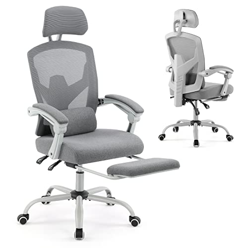 OLIXIS Gaming Ergonomic Foot Rest Reclining, High Back Mesh Home Office Computer Desk Chair with Wheels, Adjustable Headrest, Grey