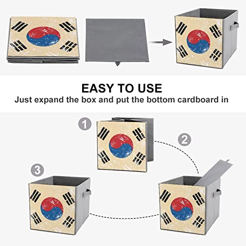 Retro South Korea Flag Storage Bins Cubes Foldable Fabric Organizers with Handles Clothes Bag Book Box Toys Basket for Shelves Closet 10.6"