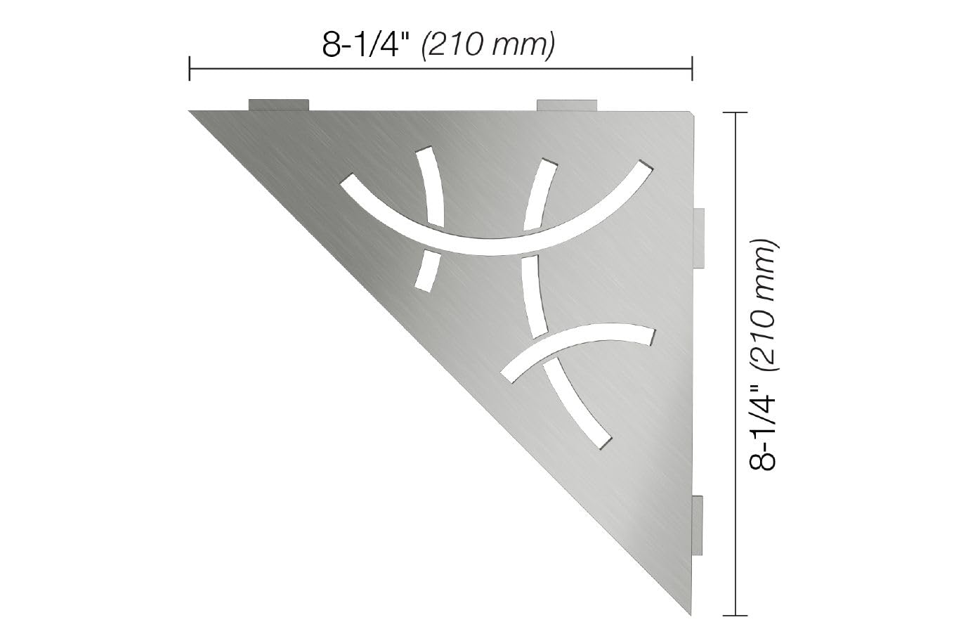 Schluter Triangular Corner Shelf for Tiled Walls - Curve Design, Stainless Steel Material, Brushed Stainless Steel Finish, 3/32” Thick Anchoring Tabs - SES1D6EB