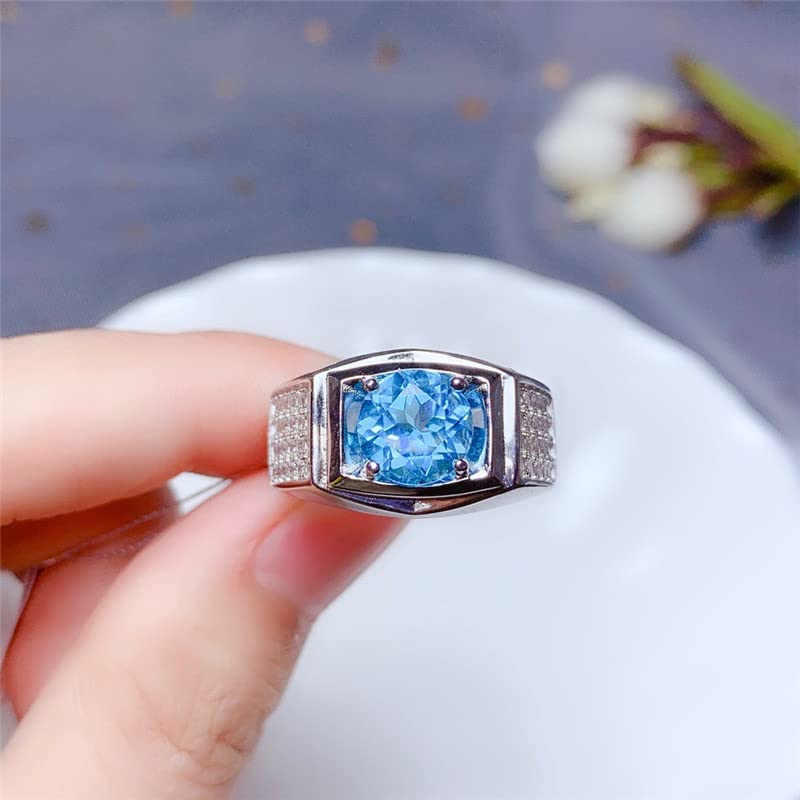 Men Ring Real 925 Sterling Silver 8MM Natural Blue Topaz Ring Fine Jewelry for Men Birthday Anniversary Party Gift ping