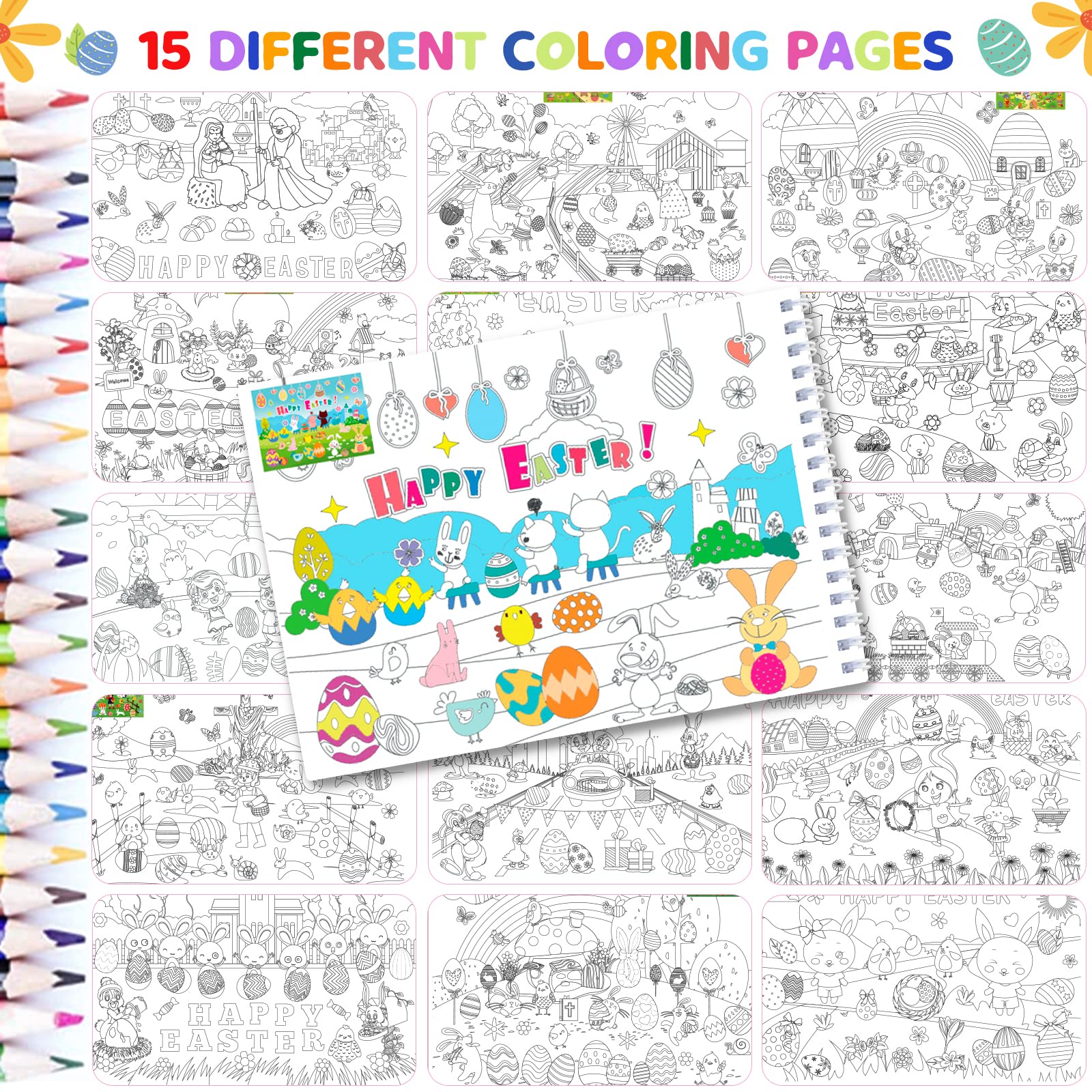 Lionoble Easter Coloring Book for Kids, Easter Gifts Easter Basket Stuffer for Toddler, Big Paint Activity Books with Sticker(15 Scenes& 750+ Stickers), Easter Crafts for Kids 1-3, 4-8 Ages