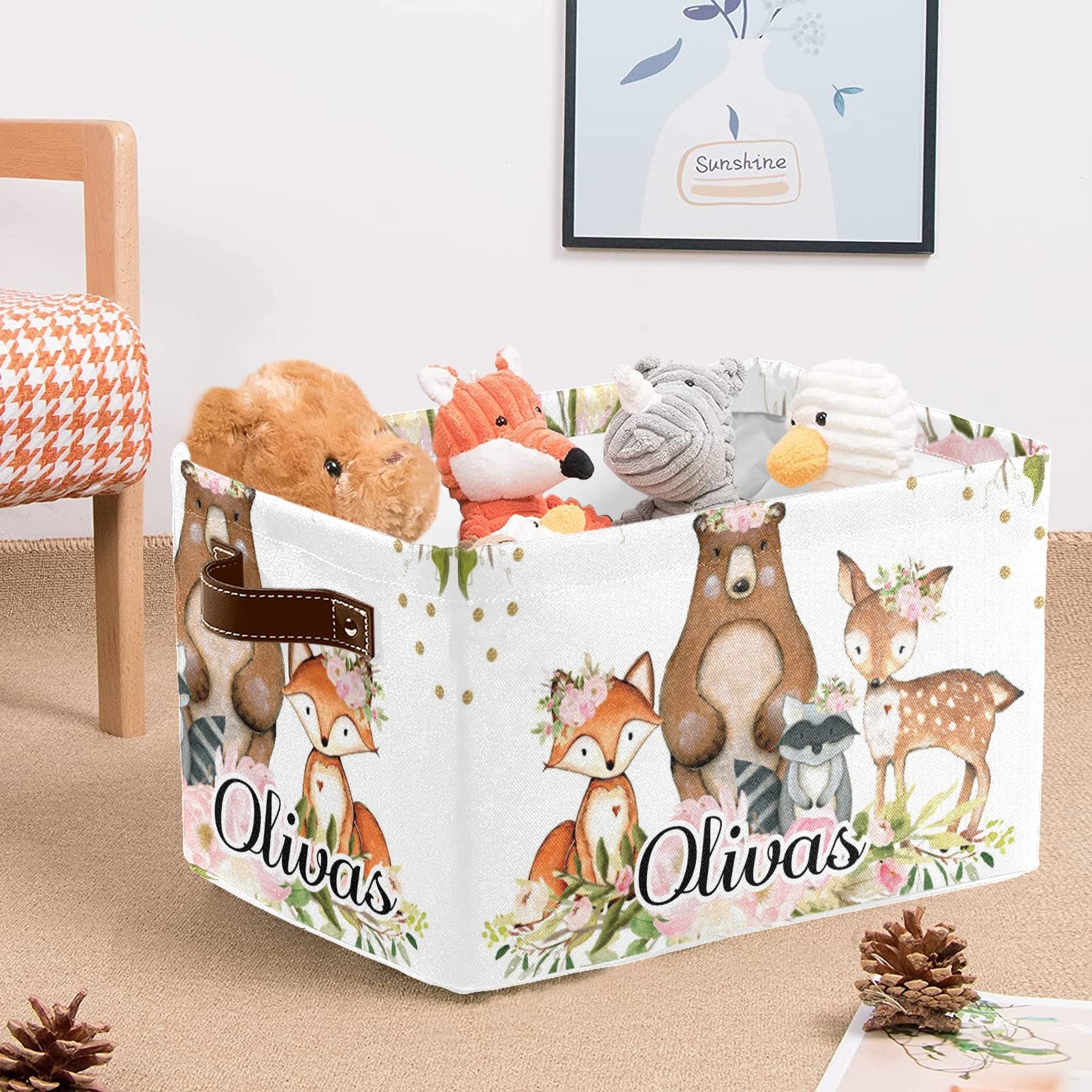 Personalized Storage Bins, Custom Storage Basket Boxes for Organizing Closet Shelf Nursery Toy Woodland Forest Blush Animals