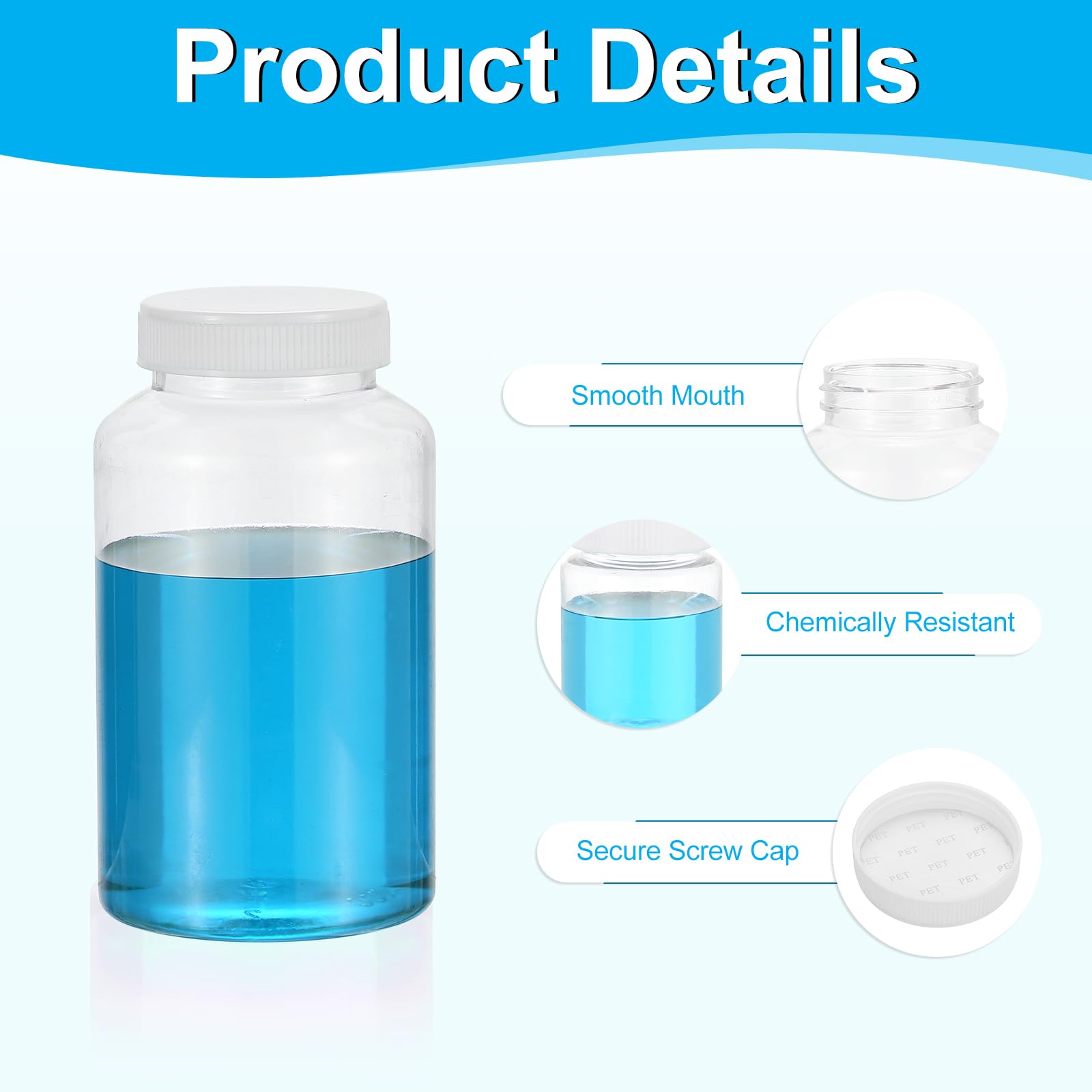 PATIKIL 5 Pcs 500ml Reagent Bottles, PET Wide Mouth Round Bottles with Screw Cap for Lab Water Reagent Liquids Solid Sample Storage Seal, Transparent