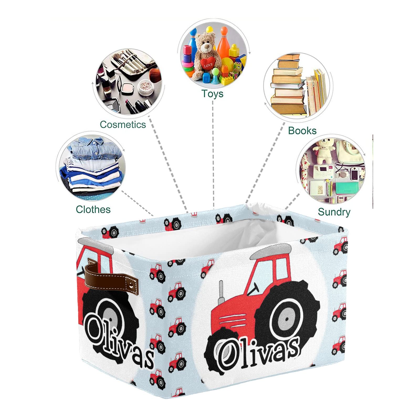Personalized Storage Bins, Custom Storage Basket Boxes for Organizing Closet Shelf Nursery Toy Boys Red Tractor