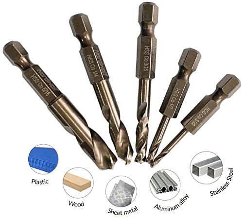 NordWolf 5-Piece M35 Cobalt Stubby Drill Bit Set for Stainless Steel & Hard Metals, with 1/4" Hex Shank for Quick Chucks & Impact Drivers, SAE Sizes 3/32"-1/8"-3/16"-1/4"-5/16" in Storage Case