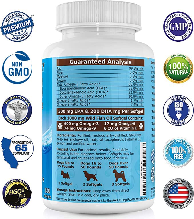 ScruffyPet Pure Omega 3 Wild Fish Oil for Dogs with Vitamin E - Highest EPA & DHA Softgels Available (1000mg) 180ct