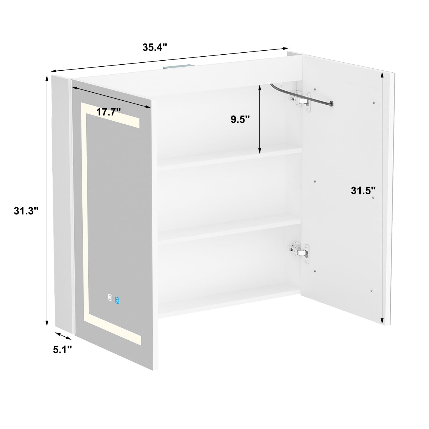 MOUMON Medicine Cabinet with Mirror for Bathroom, LED Lighted Mirror Cabinet with Anti-Fog, Wall-Mount Bathroom Mirror with Storage Shelves, Adjustable Lights, 2 Doors, White, 5.1”D x 35.4”W x 31.5”H