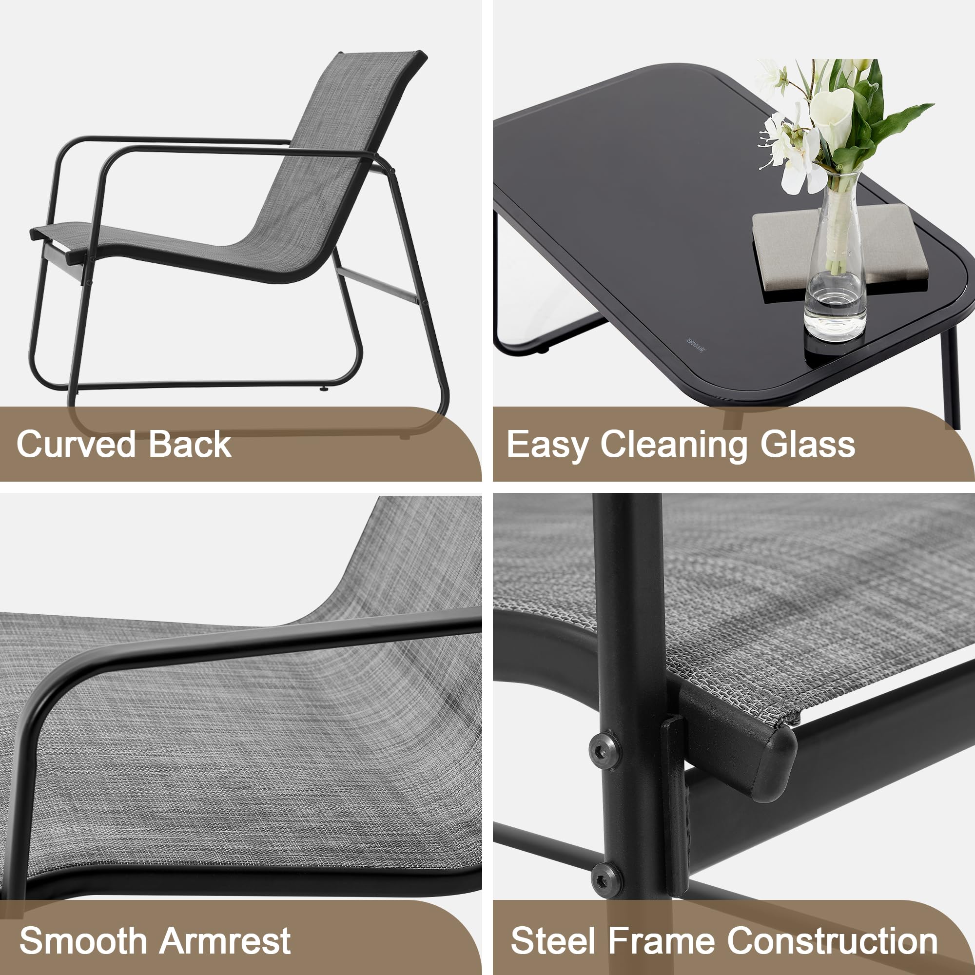 PIZZELLO 4 Pieces Outdoor Patio Furniture Textilene Modern Conversation Bistro Set with Loveseat Tea Table for Home, Lawn and Balcony