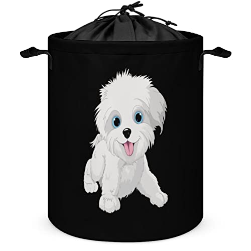 Playful Lap-Dog Laundry Basket Round Collapsible Storage Bin with Drawstring and Handle for Bedroom Bathroom Toys Room 17.3" X 13.8"
