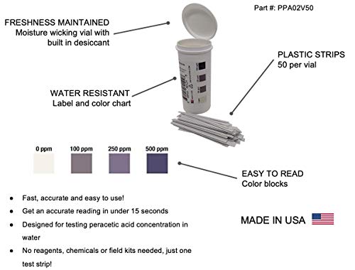 Peracetic Acid Test Strips, High Level, 0-500 ppm [Vial of 50 Strips]