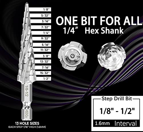 M35 Cobalt Step Drill Bit 1/8" - 1/2"(13 Sizes),Four Helical Flutes, 1/4" Hex Shank Drill.M35 Cobalt Step Drill Bit for Working Metal, Wood, Aluminum, Plastic, Great for DIYers