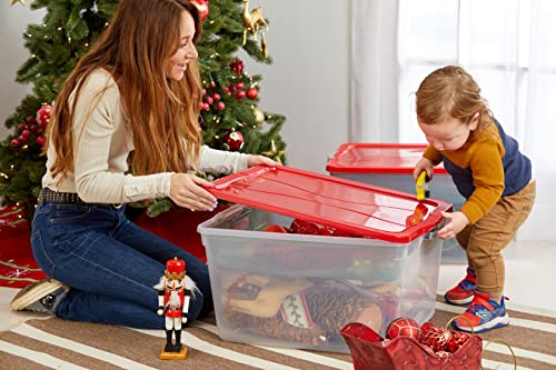 Rubbermaid Cleverstore Clear Holiday 71 Qt Bins with Tray Inserts, Built-In Handles to Maximize Storage, Great for Holiday Decor, Clear Base, Red Lid with Green Tray, Pack of 4