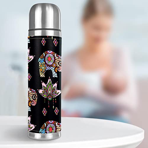 Vintage Lotus Ethnic Elephant Vacuum Insulated Water Bottle Stainless Steel Thermos Flask Travel Mug Coffee Cup Double Walled 17 OZ