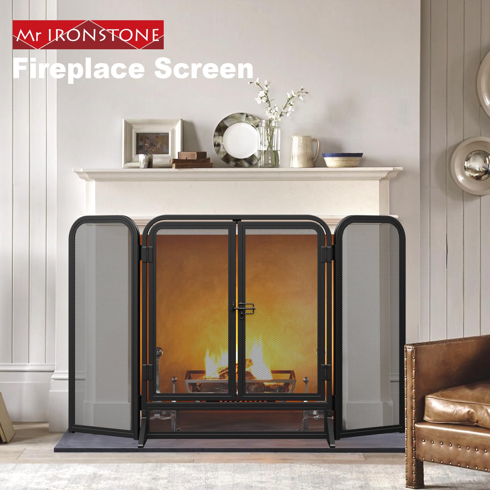 Mr IRONSTONE 3 Panel Fireplace Screen 51.5" W x 32.5" H Modern Foldable with Wrought Metal Decorative Mesh, Heavy Duty Fire Spark Guard Cover for Home Decor Indoor, Black