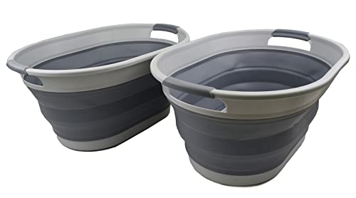 SAMMART 28L (7.4 gallon) Oval Collapsible Plastic Laundry Basket - Foldable Pop Up Storage Container/Organizer - Portable Washing Tub - Space Saving Hamper/Basket (Grey (Set of 2))