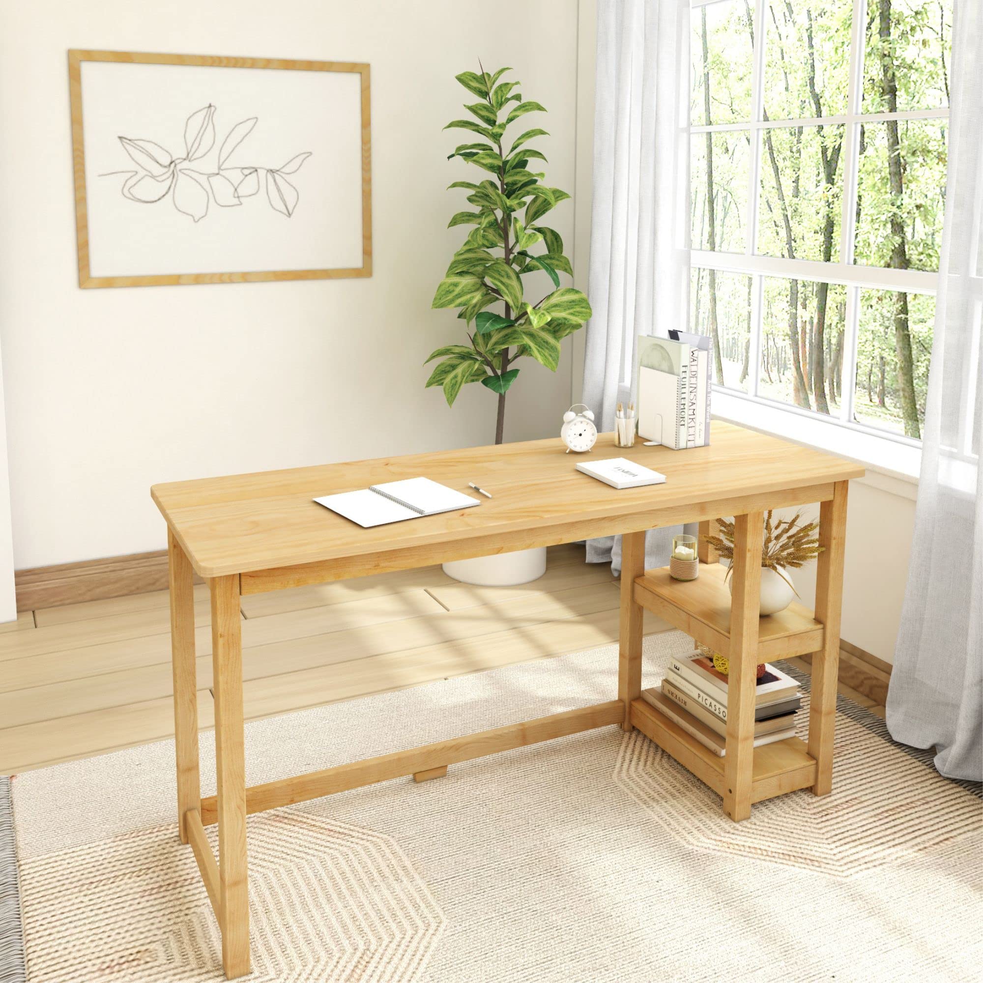 Plank+Beam Computer Desk with Shelves, Simple Desk for Bedroom, Home Office Study Desk, 55.25 Inch, Natural