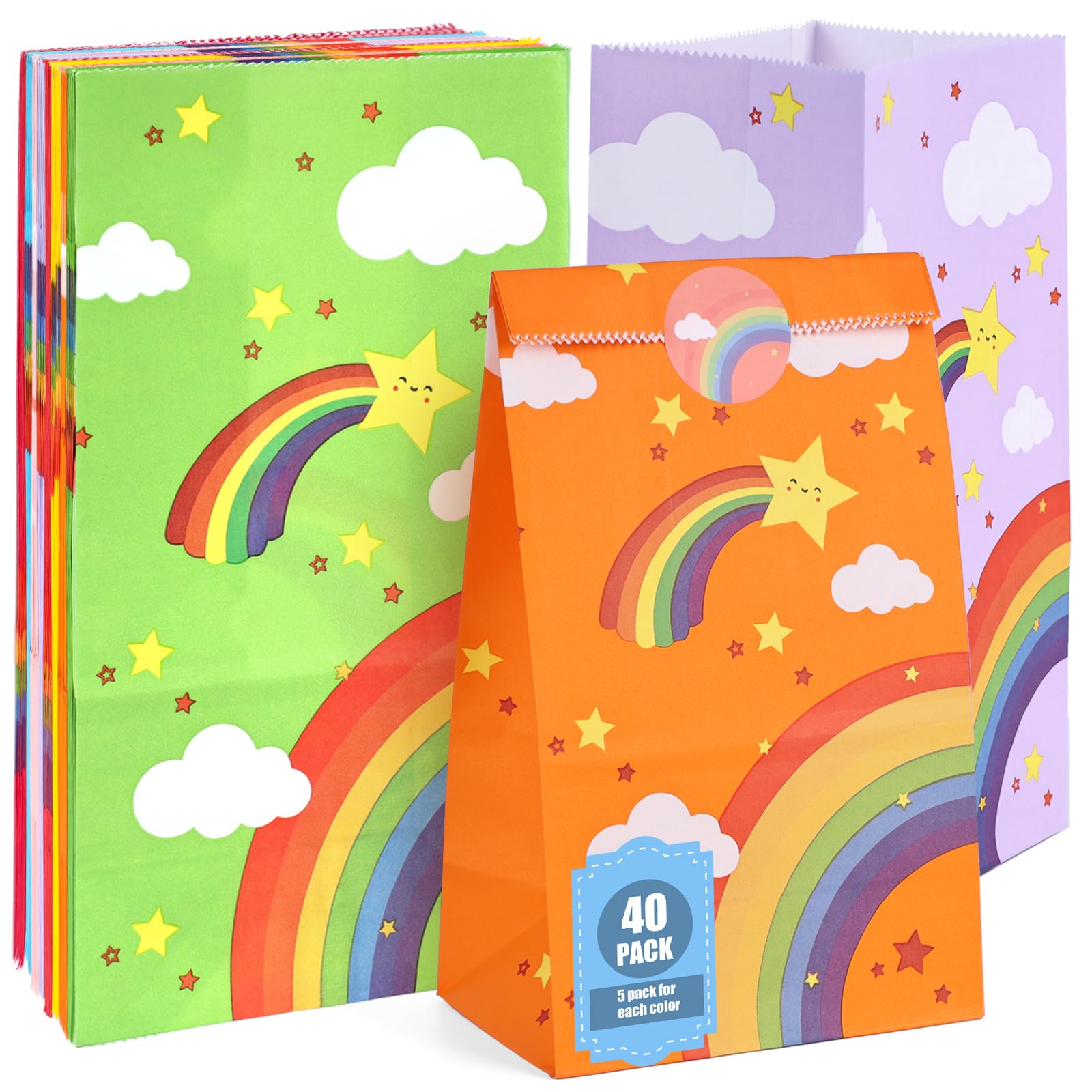VGOODALL 40pcs Party Favor Bags Bulk, 8 Colors Goodie Bags with Stickers, Rainbow Small Gift Bags for Birthday Baby Showers Weddings