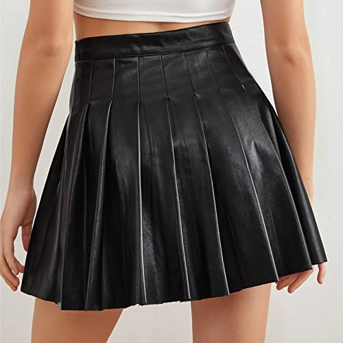 Long Plaid Skirts for Women Knee Length Date Night Skirt Short High Pleated Waist Elegant Solid Leather Women's Black