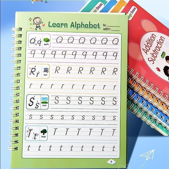 Reusable Grooved Handwriting Workbooks,Magic Copybook,Magic Writing Practice Copy Books, to Help Children Improve Their Handwriting Ink Practice Age 3-8 Calligraphy for Kids(5 Books with Pens)