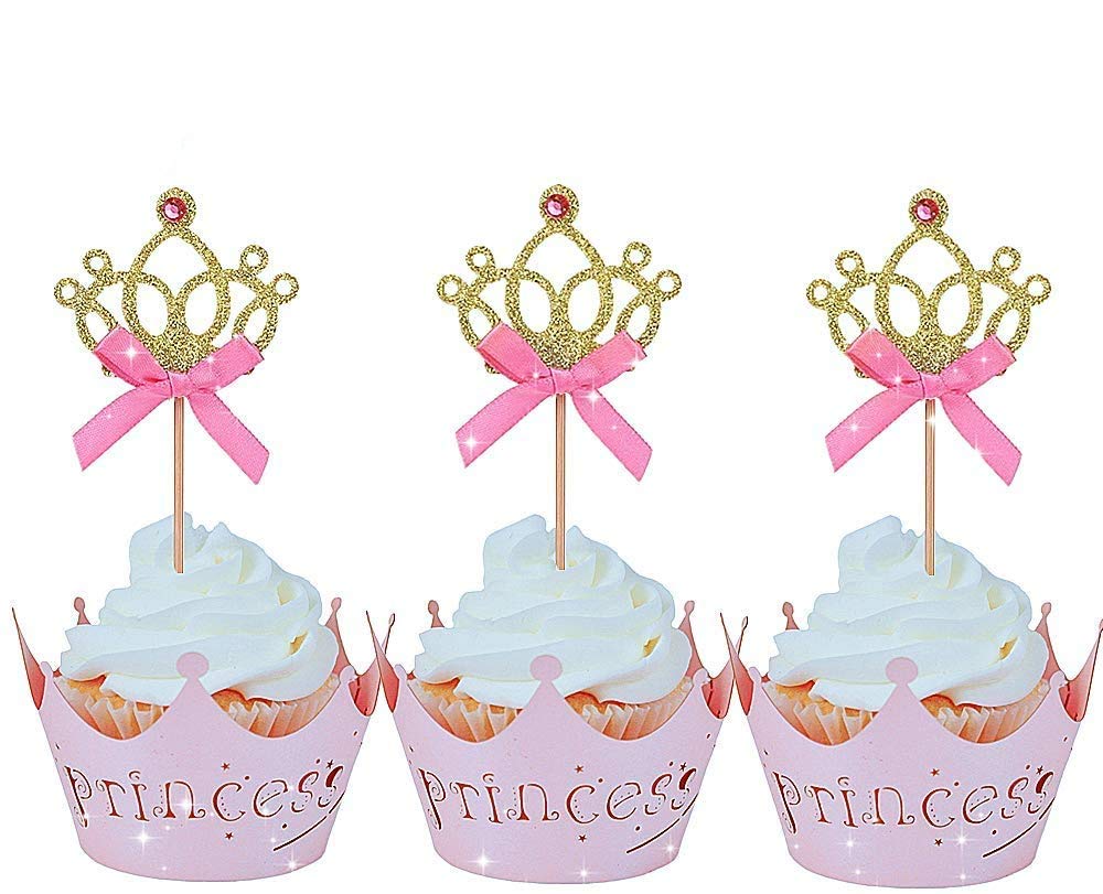 JeVenis 40 PCS Glittery Princess Cupcake Toppers Crown Cupcake Wrapper Crown Cupcake Toppers Baby Shower Cupcake Decorations for Birthday Baby Shower Party Decorations Supplies