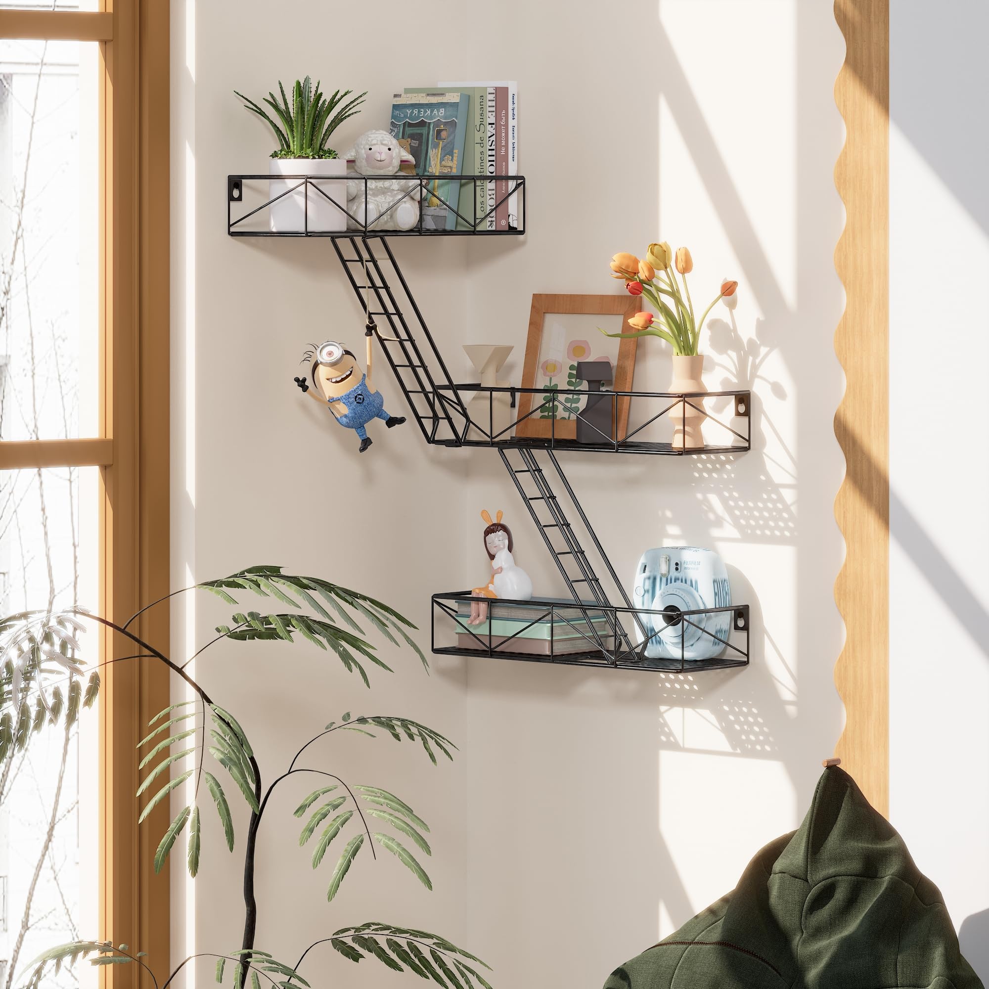 Sumbame Fire Escape Wall Shelf - 3 Tier New York Metal Ladder Shelf, Storage Black Decorative Shelves, Unique Decor Display Shelf for Living Room, Bathroom, Study Room, Funky Home