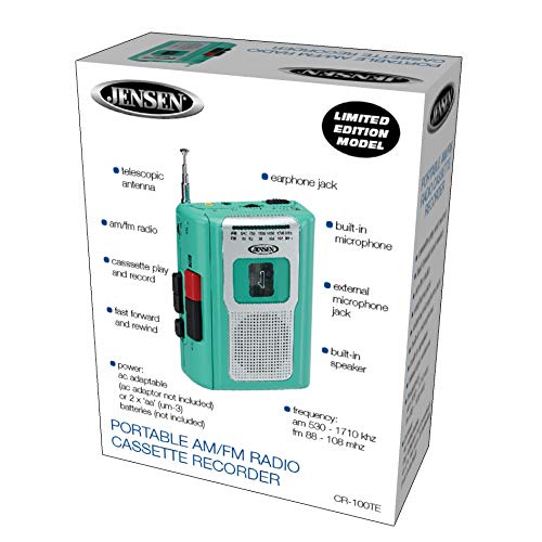 Jensen CR-100 Retro Portable AM/FM Radio Personal Cassette Player Compact Lightweight Design Stereo AM/FM Radio Cassette Player/Recorder & Built in Speaker (Teal Limited Edition)