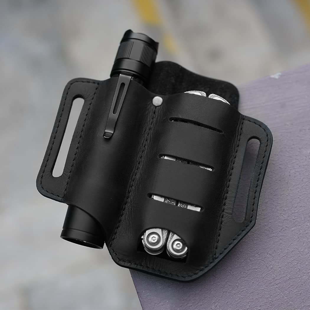 VIPERADE PJ8 Small EDC Leather Sheath for Belt, Leather Multitool Sheath, EDC Belt Organizer, Handmade 2 Pockets Belt Leather Slip Sheath, Leather EDC Pocket Organizer for Men