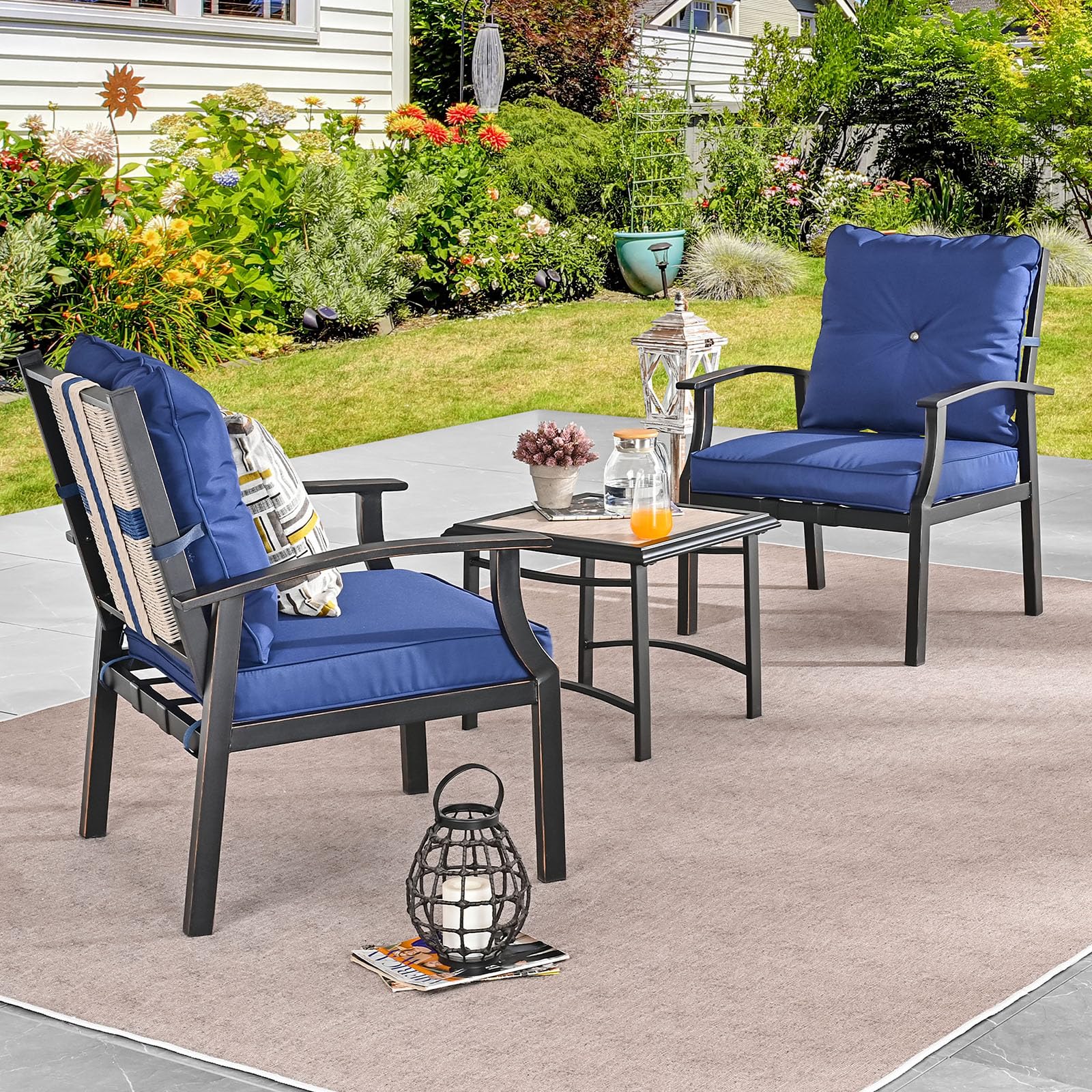 PatioFestival 3 Pieces Patio Bistro Set Outdoor Furniture Set with Coffee Table Patio Single Chairs with Cushion,for Poolside, Garden, Balcony(Bule)