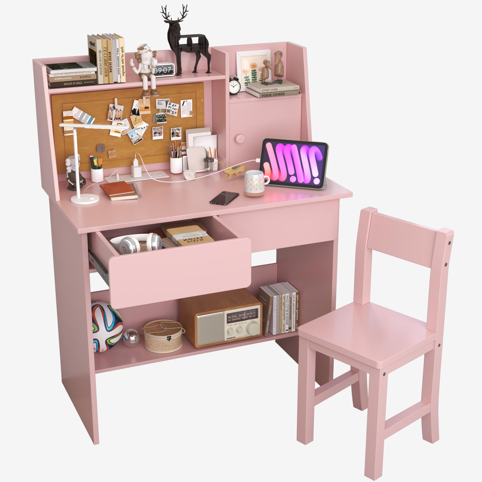 SFDOU Pink Kids Desk and Chair Set for 5-12 Year Old, Childrens Computer Desk with Drawers and Storage Shelf, Kids Study Table with Charging Station