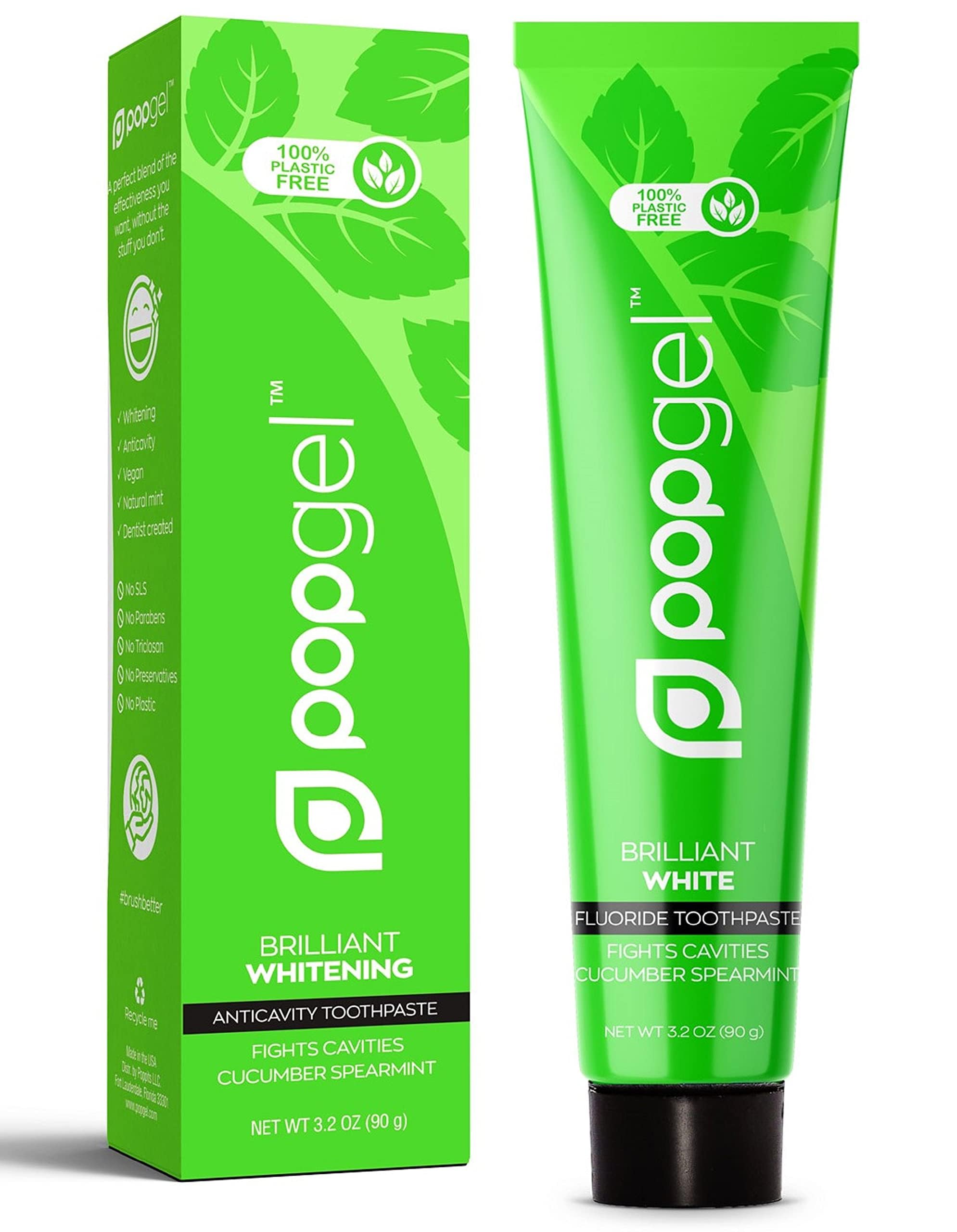 PopGel Brilliant Whitening Toothpaste - 100% Plastic Free Toothpaste (Spearmint & Cooling Cucumber)