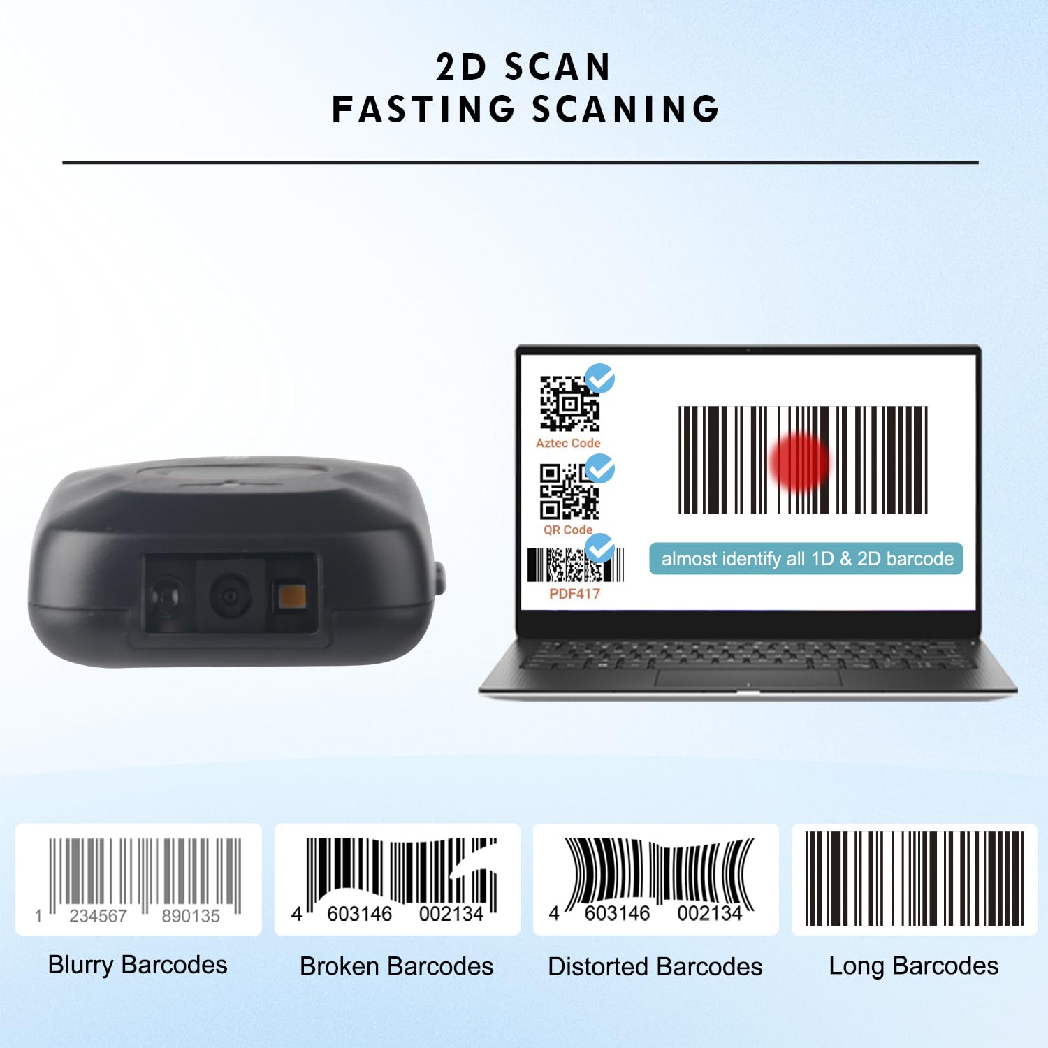 Sumicor Portable 2D Bluetooth Barcode Scanner, 1500mAh Rechargeable Battery with Level Indicator & Volume Keys, 3-in-1 Bluetooth & USB Wired & 2.4G Wireless Mini QR Barcode Scanner