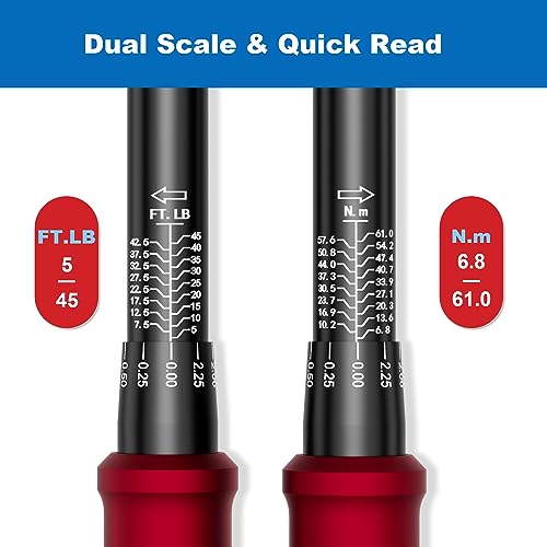 SUERCUP 3/8-Inch Drive Click Torque Wrench - 5-45 Ft-Lb/6.8-61Nm, ±3% High Accuracy Torque Wrench,Dual-Direction Adjustable 72 tooth Click Torque Wrench for Bike, Motorcycle and Car Repair