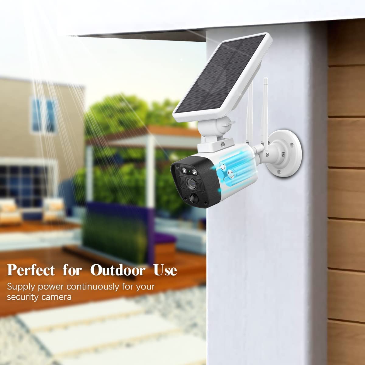 OOSSXX Solar Battery Security Camera Outdoor Wireless Solar Powered Wireless Camera with Rechargeable Battery, WiFi Home Surveillance Camera for Multi-User Use, 3.0MP with Two Way Audio 2 Packs