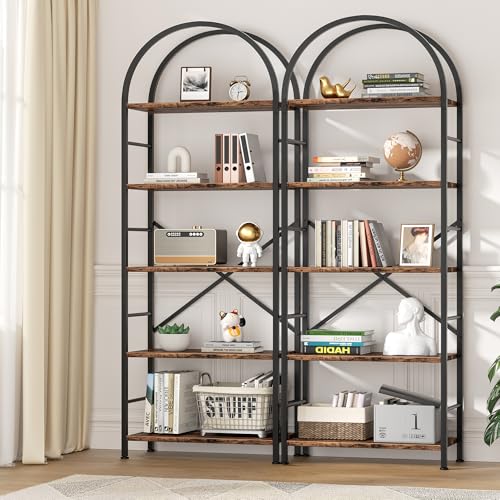 Shintenchi Bookshelf, Arched Bookshelf 5 Tier Bookcase, Tall Bookcase Shelf for CDs/Books, Home Office Bookcase Shelf Storage Organizer, Modern Book Shelf for Bedroom/Living Room, Rustic Brown