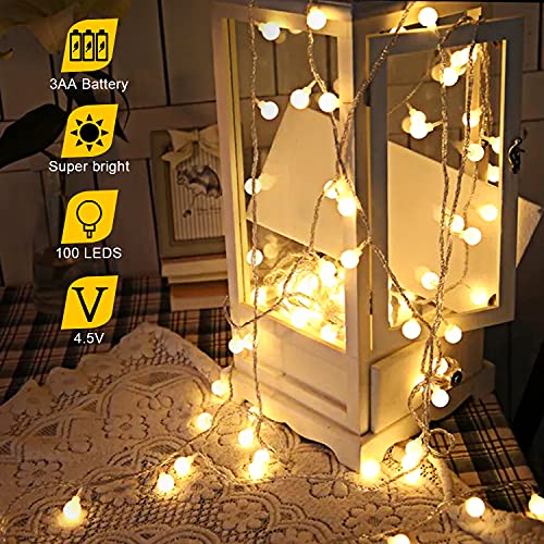 Liyade Globe String Lights, 33ft 100 LED Battery Operated String Lights with Remote and Timer Function, Indoor Outdoor Decorative Lights for Bedroom Christmas Decor Garden Party Wedding, Warm White
