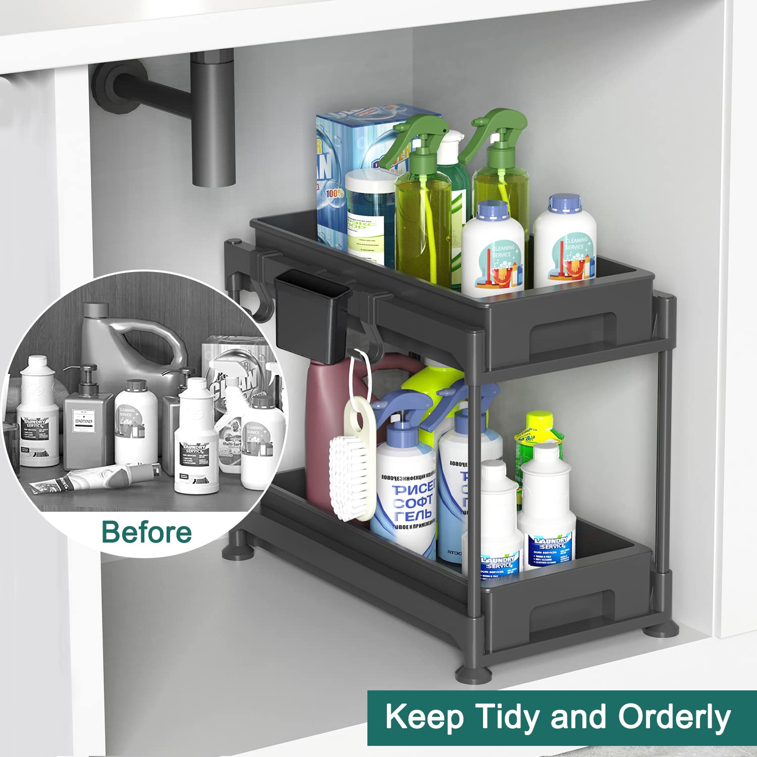 LBW 2 Packs Under Sink Organizer and Storage, 2 Tier Sliding Bathroom Cabinet Organizers Multi-Purpose Kitchen Organization and Storage,Drawer Pantry Organizer with Hooks,Black (Pack of 2)