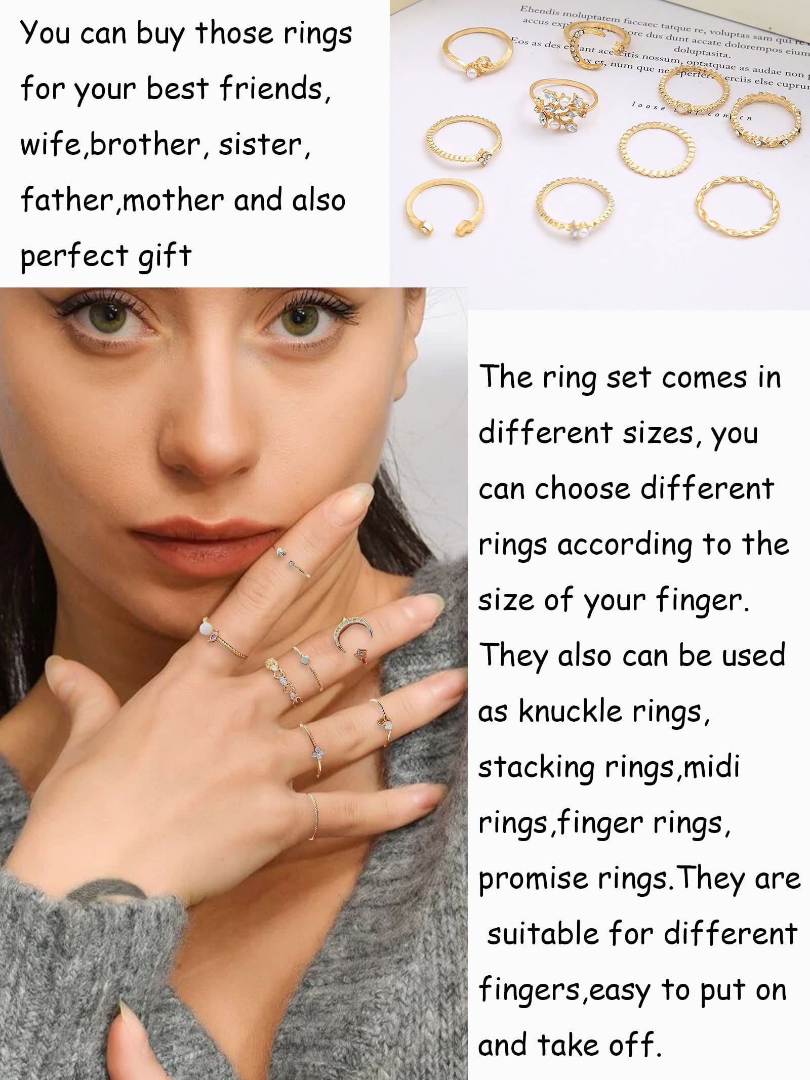 Long tiantian Stacking Rings for Women Moon Star Knuckle Rings for Women Gifts Simple Boho Rings Set Cute Stackable Aesthetic Rings Christmas Stocking Stuffers Gifts(Moon and Star)