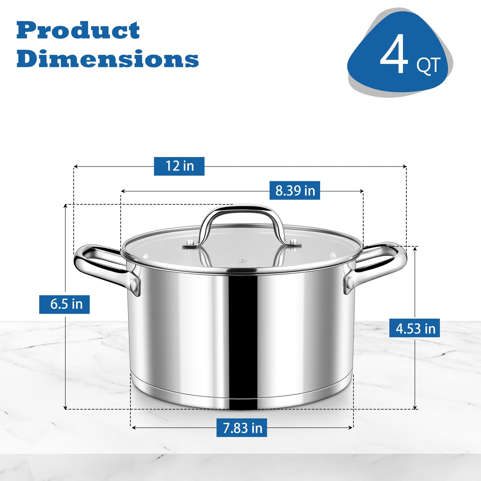 P&P CHEF 4qt Stainless Steel Stock Pot with Lid, Cooking Pasta Pot with Tri-Ply Base for Induction Gas Electric Stoves, Double Riveted Handles, Sturdy & Dishwasher Safe