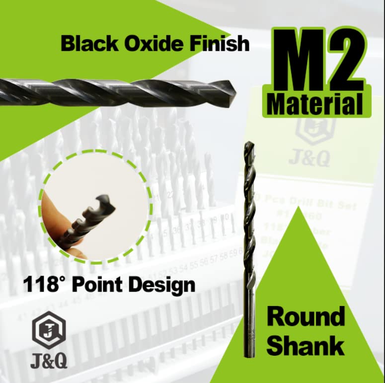 J&Q Numbered Drill Bit 60 Pieces High Speed Steel Drill Bit Set (Wire Sizes: #1,#60) with Black Oxide Finish,118 Degrees Point, General Purpose, Aluminum Alloy, and Composite Materials
