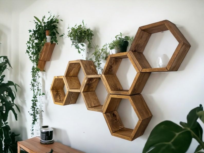 MUOSI Hexagon Shelves, Plant Shelves, Wide Hexagons Shelves, Honeycomb Shelves, Wall Decor ( Provincial I*Set of 6 Hexagons )