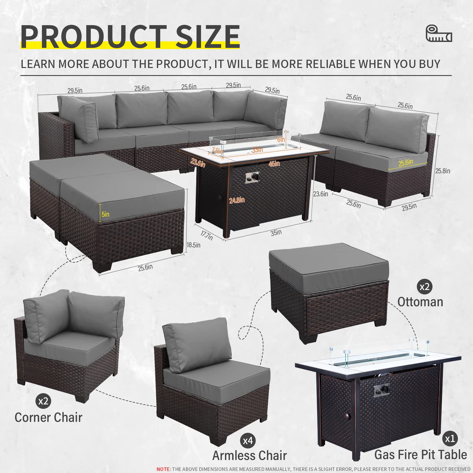 Lviden 9 Pieces Wicker Patio Furniture Set Outdoor PE Rattan Sectional Conversation Sofa Set with Grey Cushions and 45β Gas fire Pit Table