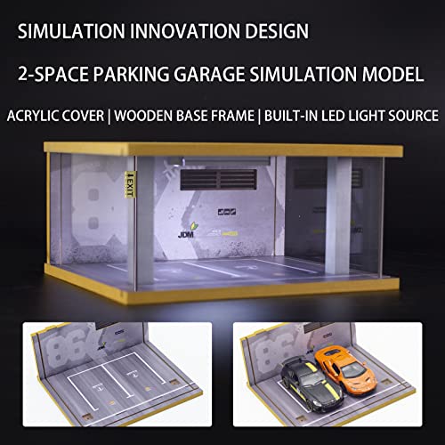 SIKIVOT 1:32 Car Display Case,Diecast Garage Scene Display, Scale Garage Display Case,2 Parking Space with LED Light and Acrylic Cover (7332Number 86)