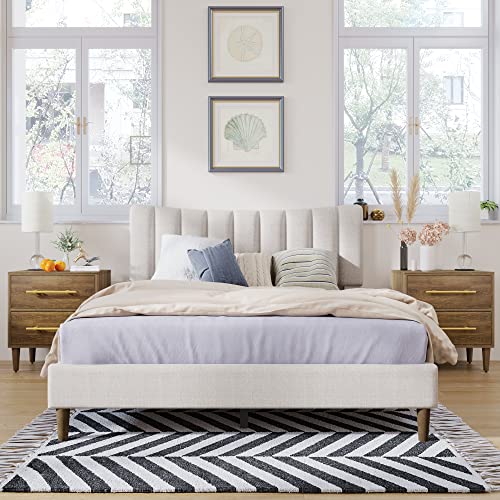 Modern Queen Size Upholstered Bed Frame with Vertical Channel Tufted Headboard, Linen Bed Frame Queen Platform Bed for Bedroom Guest Room w/Solid Wood Slat Support, No Box Spring Needed (Cream, Queen)