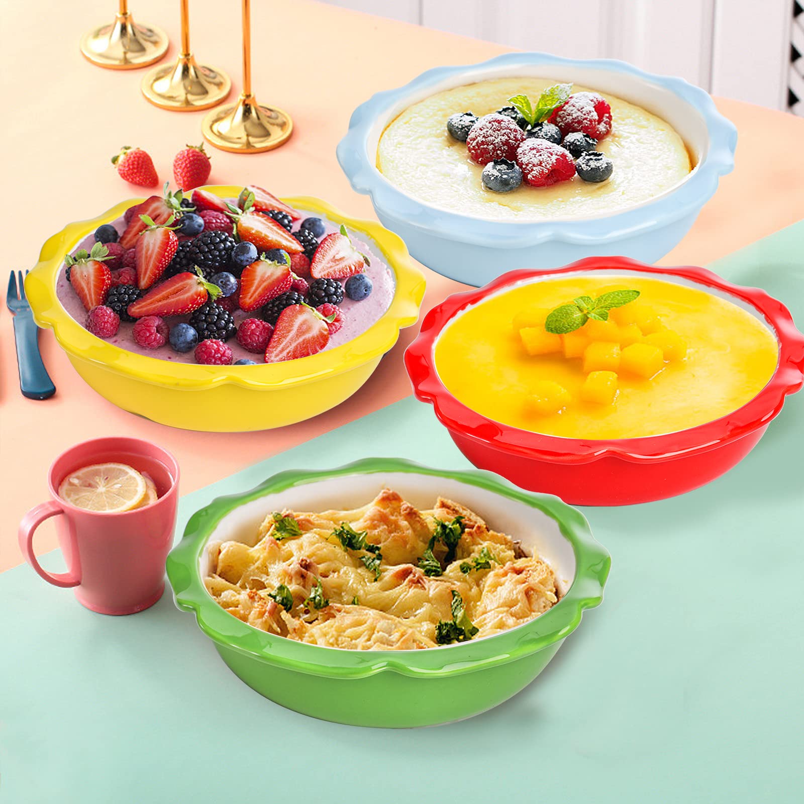 Lawei 4 Pack Ceramic Pie Pans, 6.5 inch Mini Pie Dish, 12 Oz Individual Pie Plate for Dessert Kitchen, Round Baking Dish Pan with Ruffled Edge for Dinner, Dishwasher & Microwave & Oven Safe